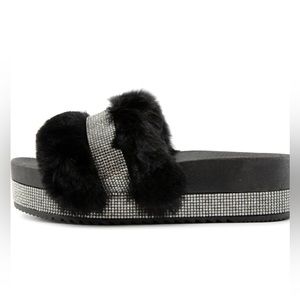 H2K | Shoes | Womens Fur Slides Rhinestone Glitter Platform Sandals ...